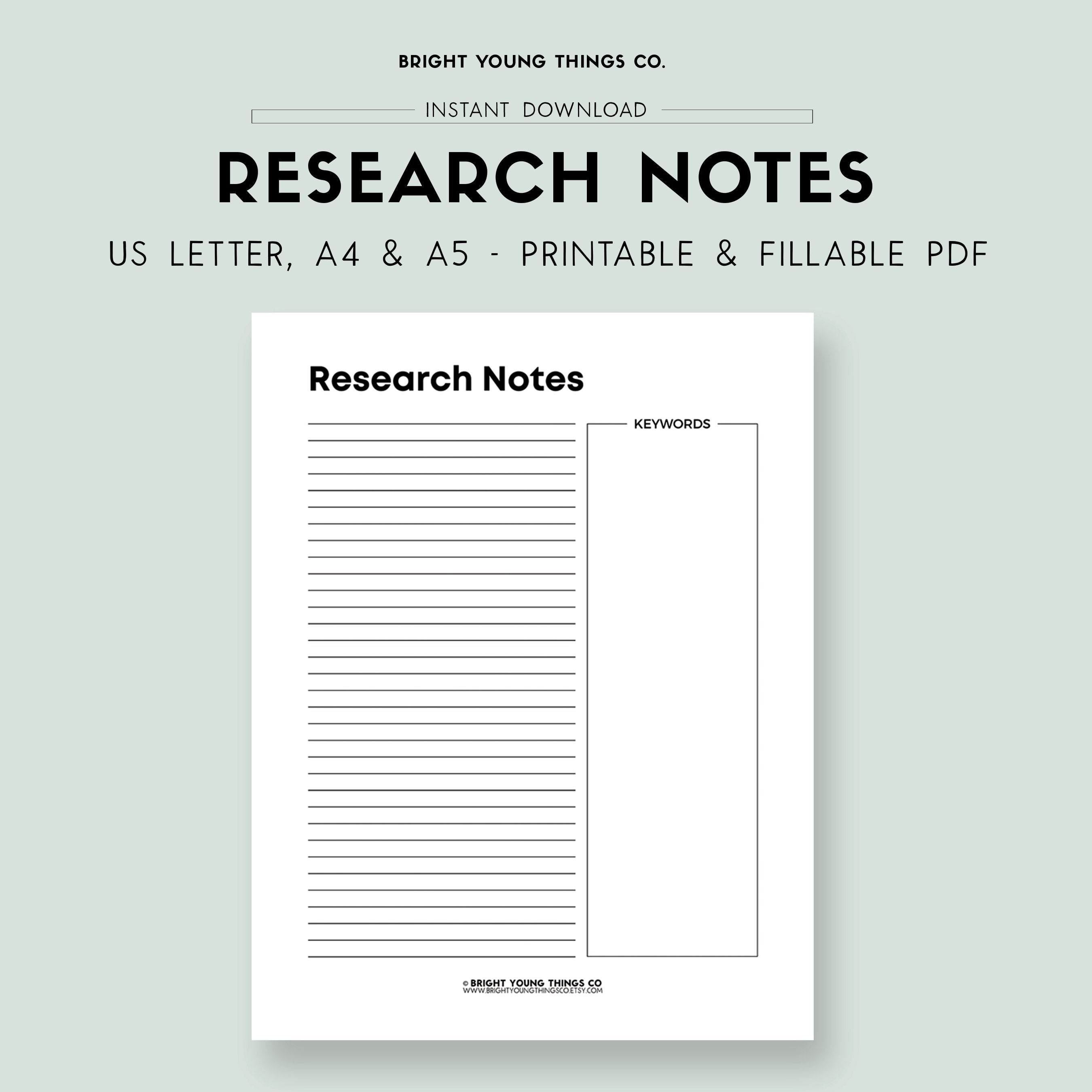 Printable Research Notes Tracker, College Student Research Aids ...