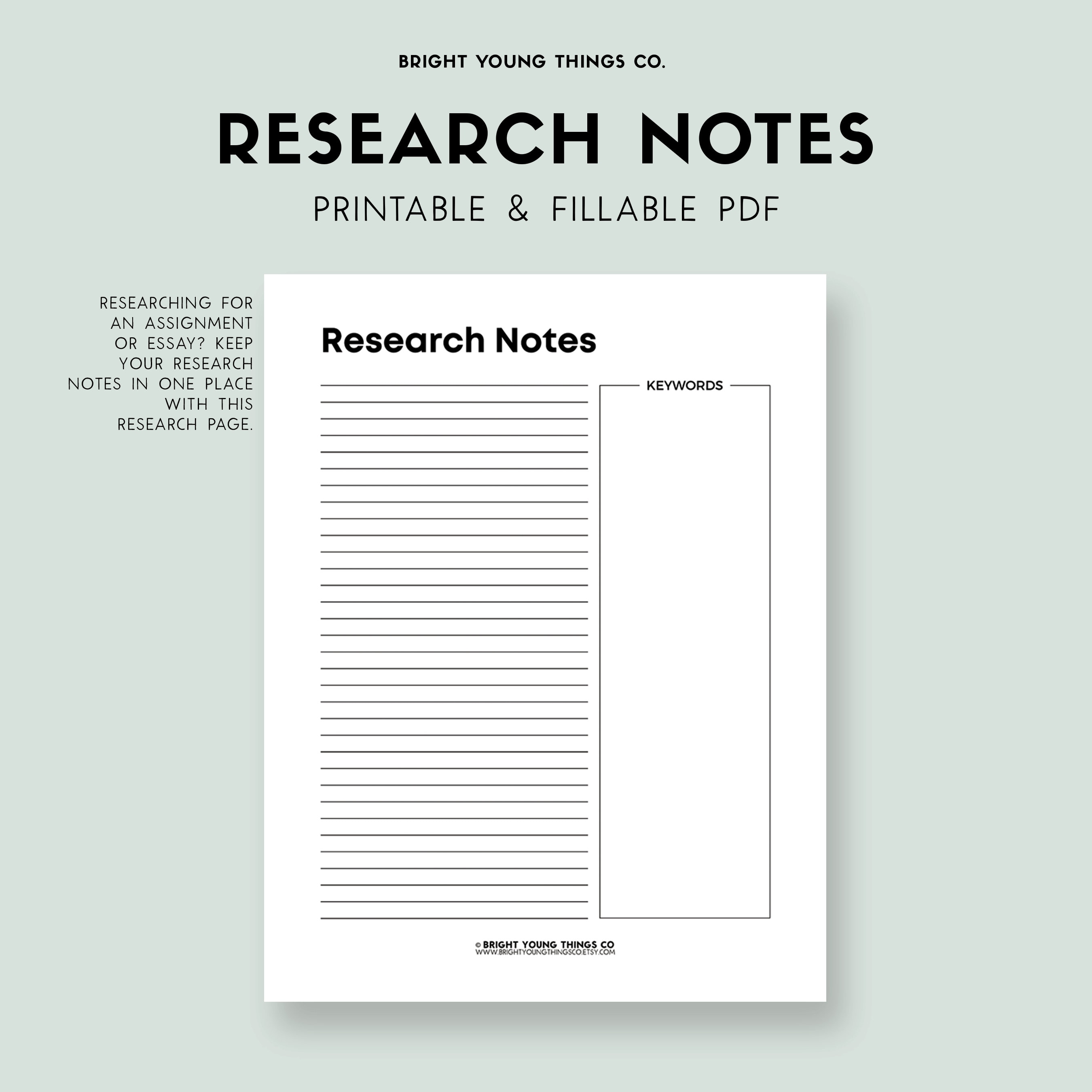 Printable Research Notes Tracker, College Student Research Aids ...