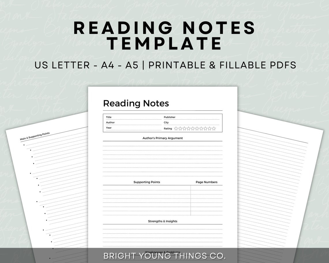 Reading Notes Worksheet, Book Notes Printable, Reading Log Printable ...