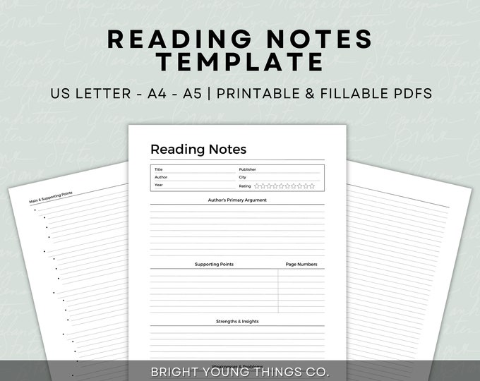 Reading Notes Template, Book Notes Printable, Reading Log Printable ...