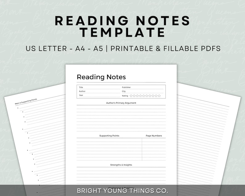 Reading Notes Worksheet, Book Notes Printable, Reading Log Printable ...