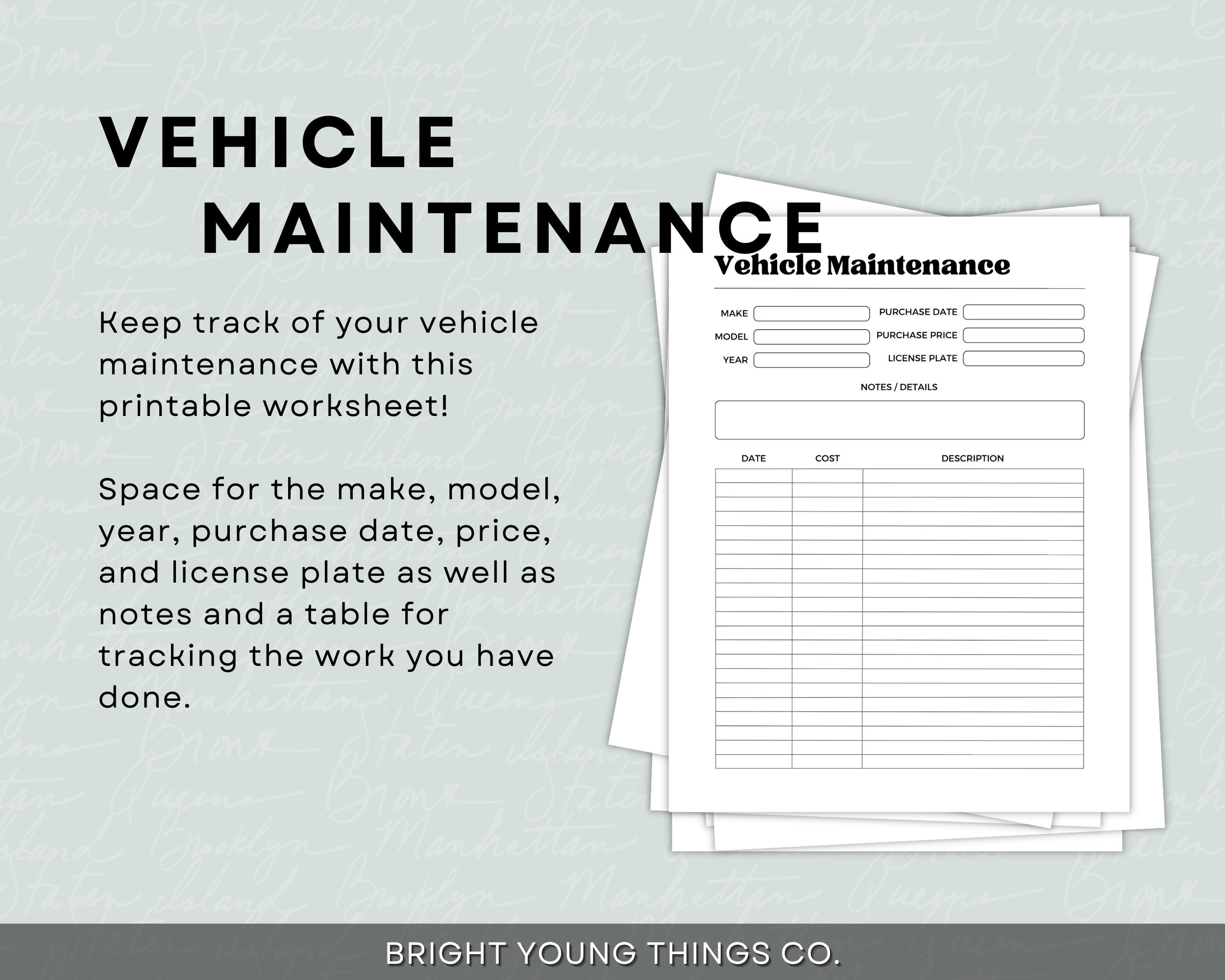 Vehicle Maintenance Tracker, Vehicle Maintenance Log Book Print ...