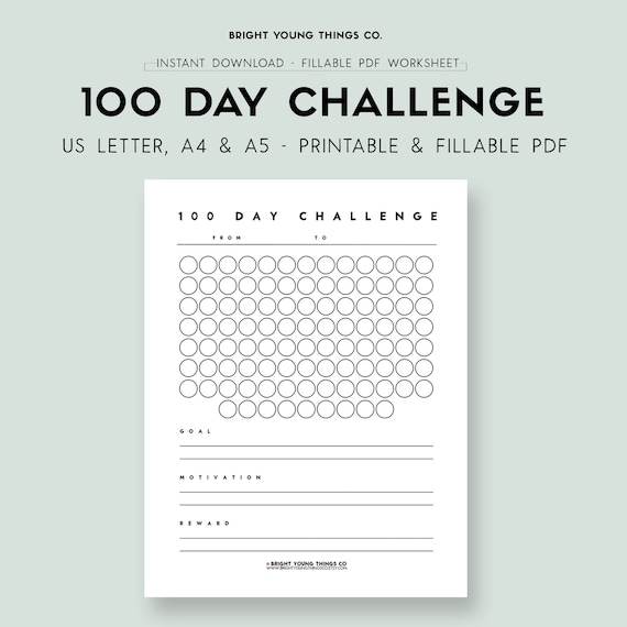 100 Day Challenge Printable PDF 100 Day Challenge Fillable - Etsy