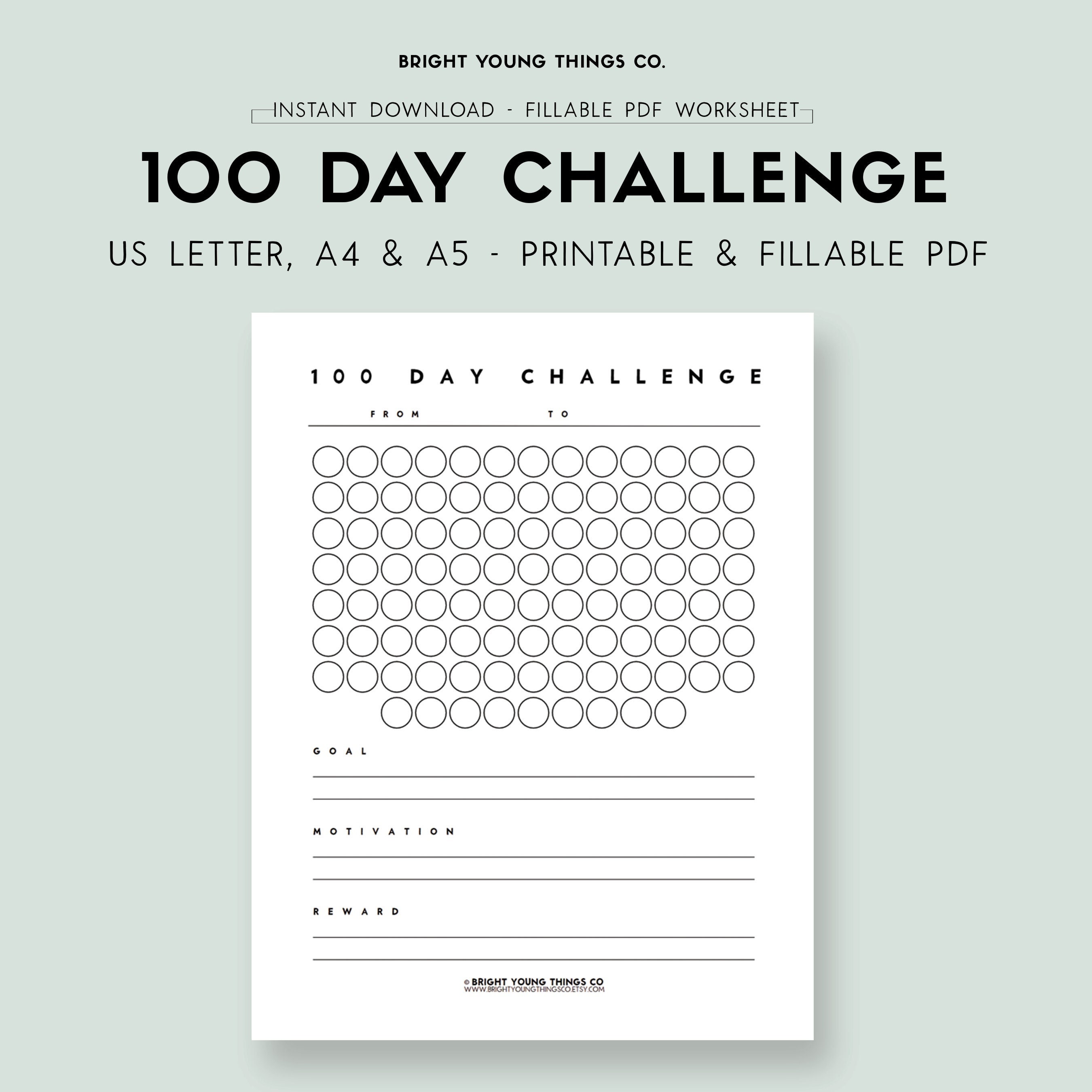 100 Day Challenge Printable PDF, 100 Day Challenge Fillable PDF ...