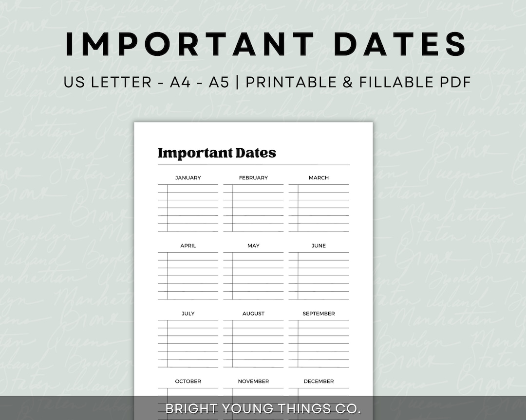 Yearly Important Dates Printable Template, Birthday Calendar ...