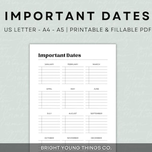 Yearly Important Dates Printable Template, Birthday Calendar ...