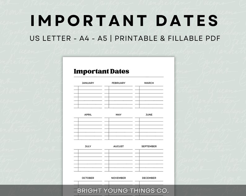 Yearly Important Dates Printable Template, Birthday Calendar ...