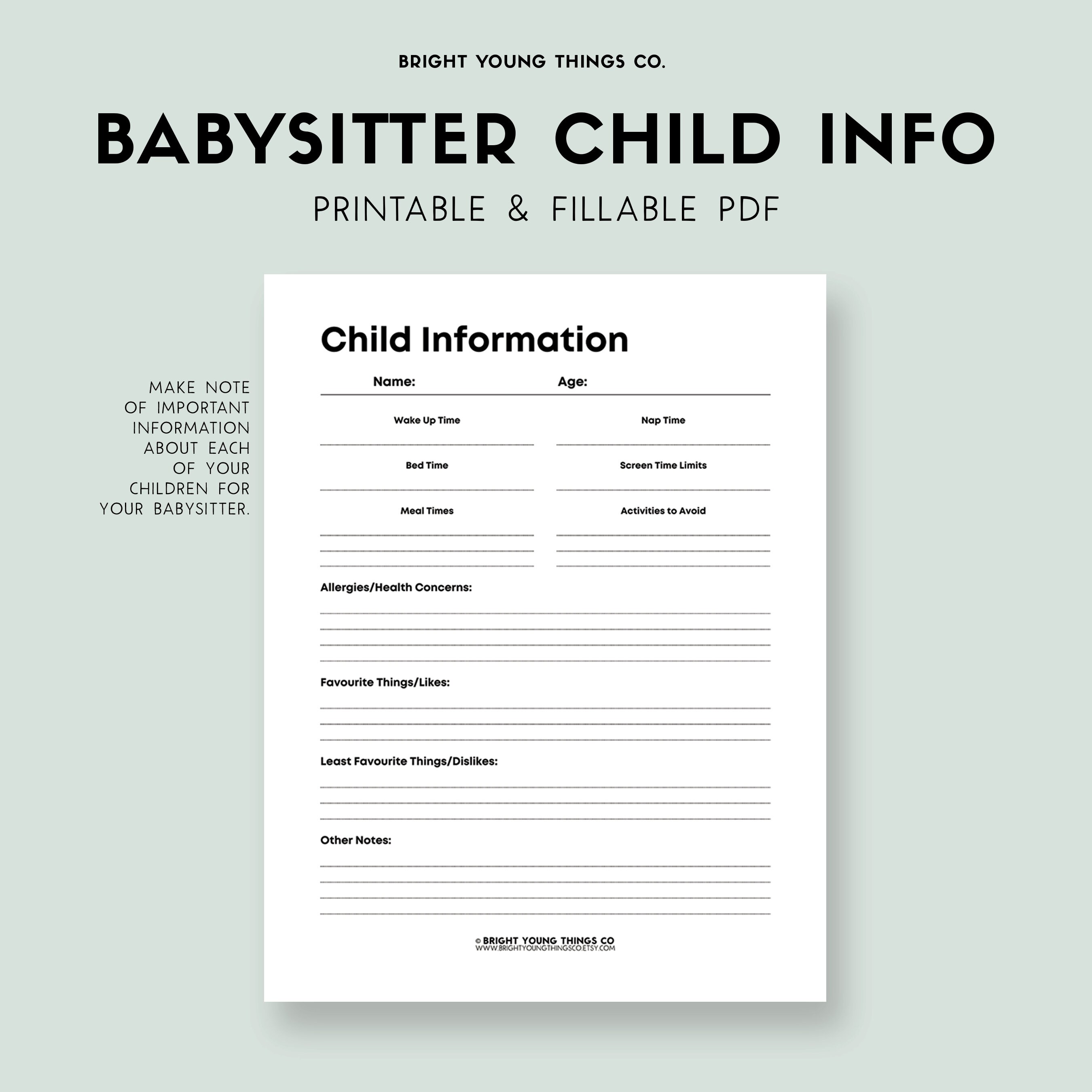 Babysitter Notes PDF, Babysitter Information Printable, Babysitter ...