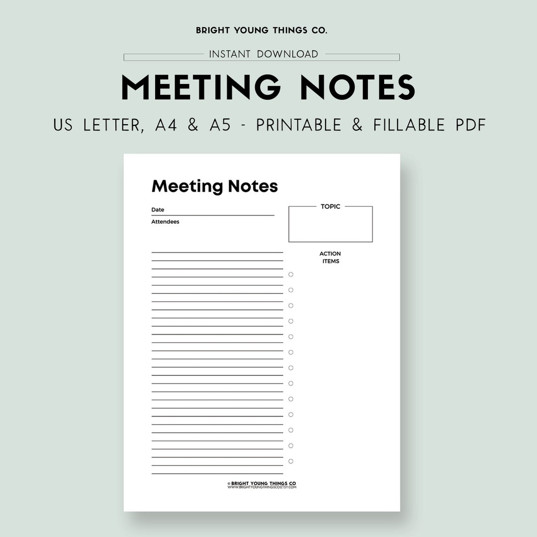Meeting Notes Template, Printable Meeting Notes Worksheet, Meeting ...
