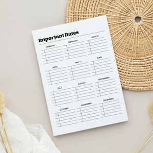 Yearly Important Dates Printable Template, Birthday Calendar ...