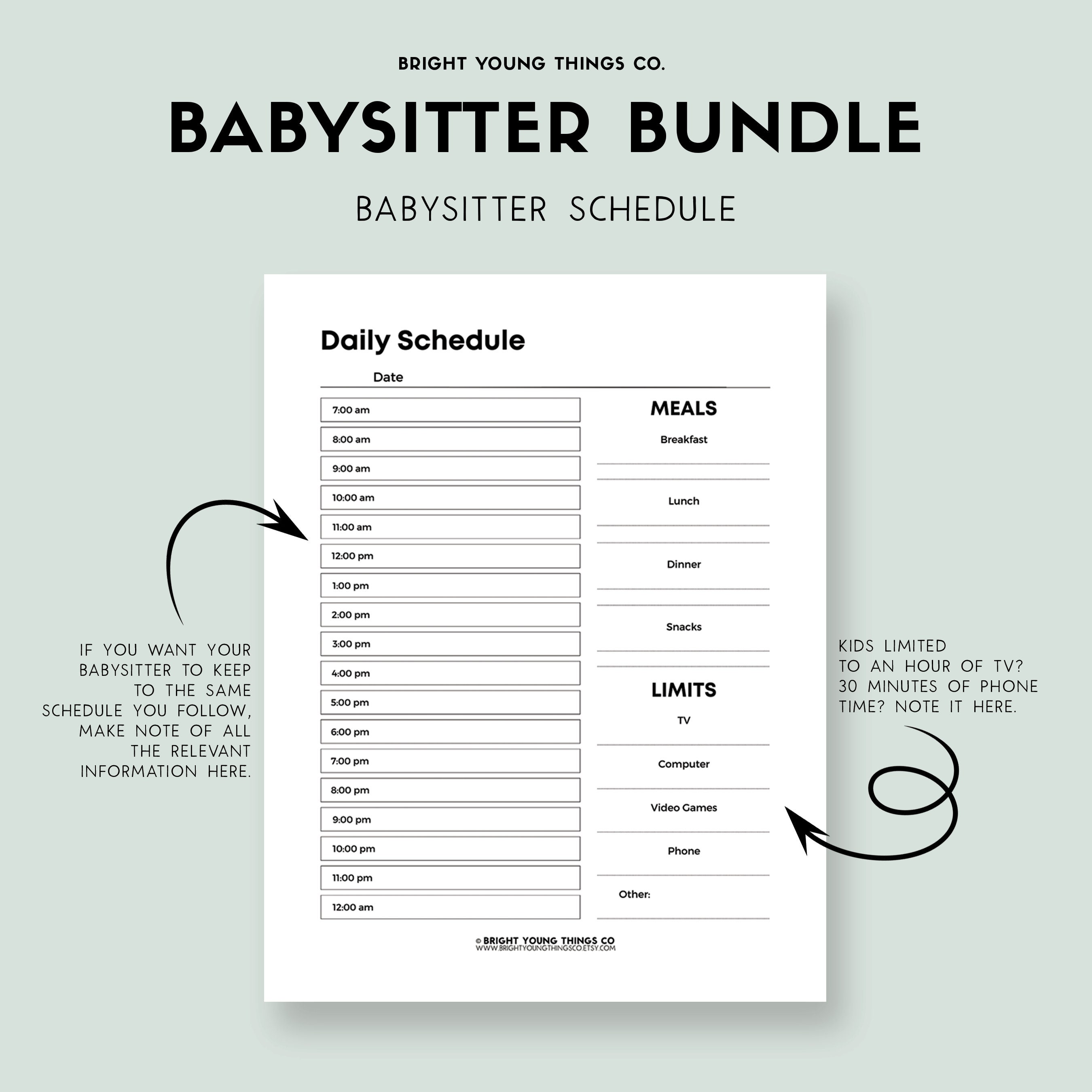 Babysitter Planner Bundle, Babysitter Information Printable, Babysitter ...