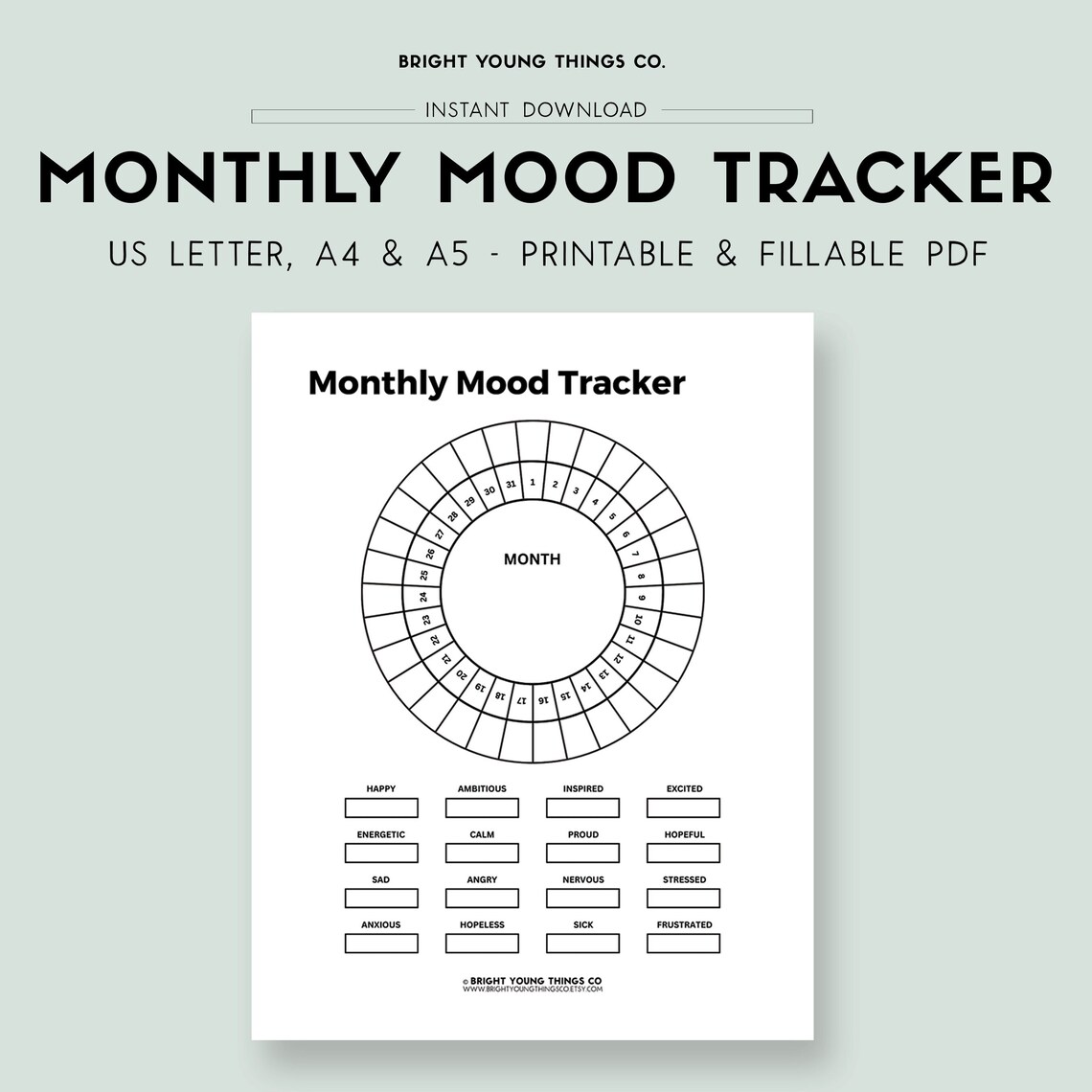 Mood Tracker Template, Monthly Mood Tracker PDF, Printable Mood Tracker ...