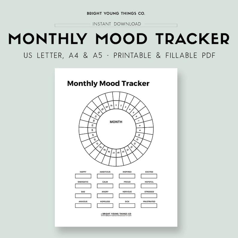 Mood Tracker Template, Monthly Mood Tracker PDF, Printable Mood Tracker ...
