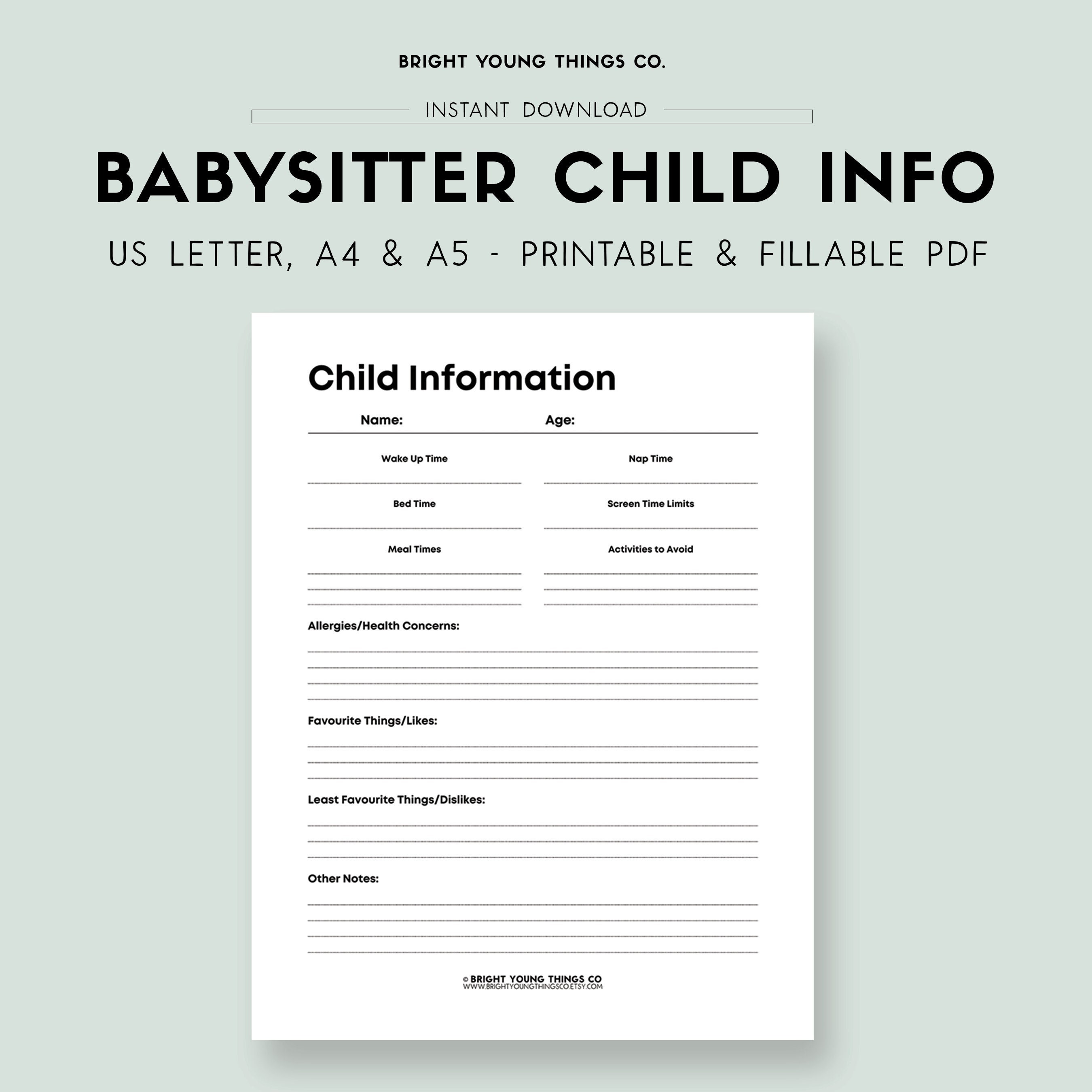 Babysitter Notes PDF, Babysitter Information Printable, Babysitter ...