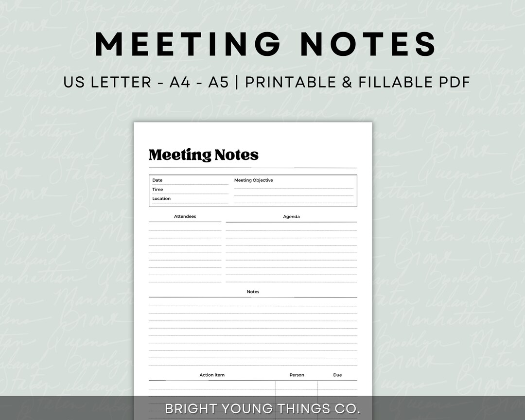 Meeting Notes Printable Template, Meeting Minutes, Office Meeting Notes ...