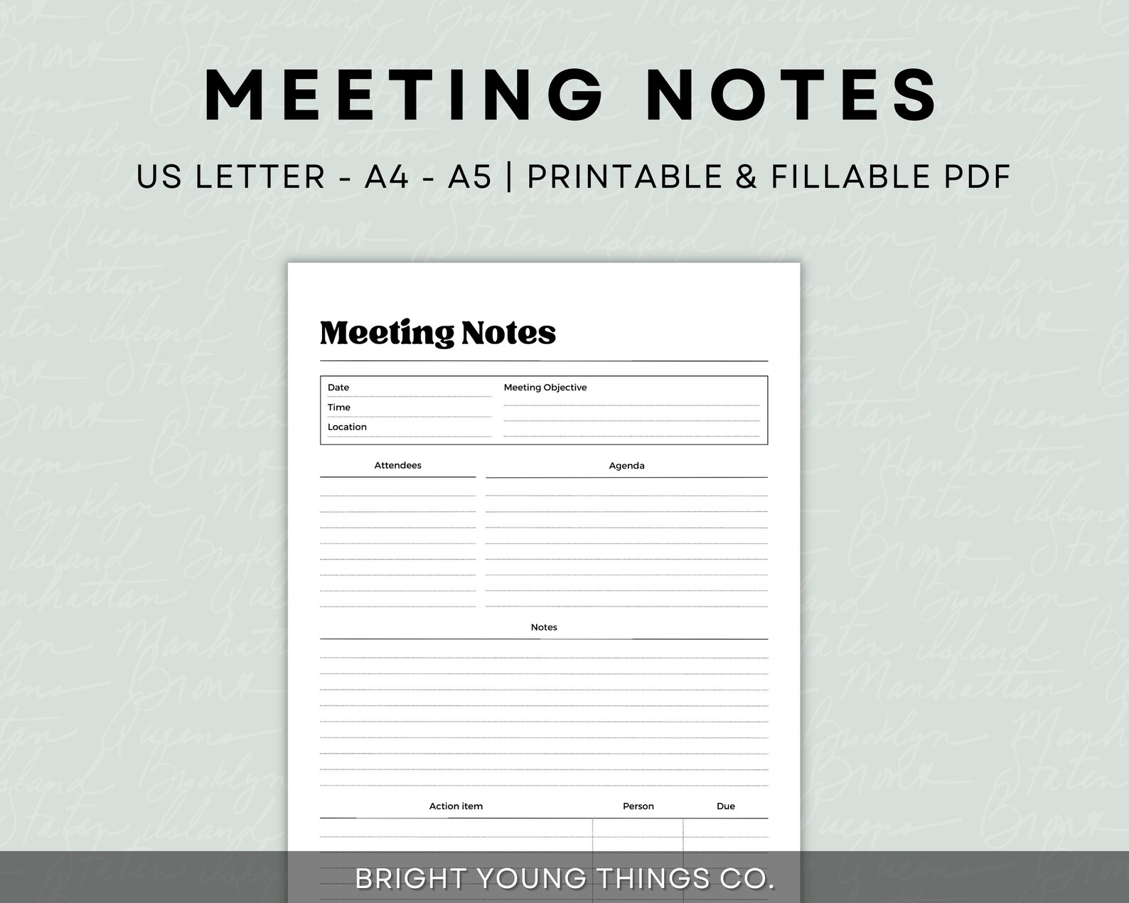 Meeting Notes Printable Template, Meeting Minutes, Office Meeting Notes ...