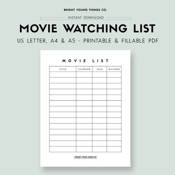 Movies to Watch List Printable Minimal Movie Watching List | Etsy