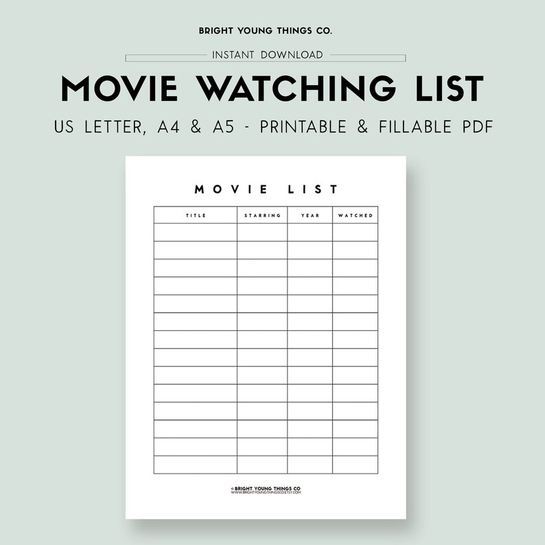 Movies to Watch List Printable Minimal Movie Watching List | Etsy