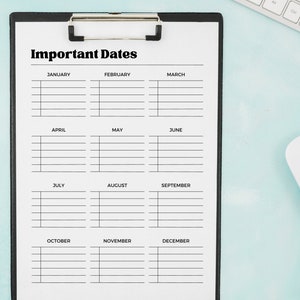 Yearly Important Dates Printable Template, Birthday Calendar ...