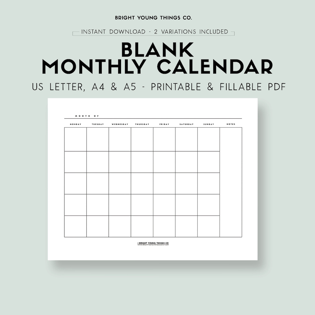 Blank Monthly Calendar, Blank Monthly Calendar Printable, Minimalist ...
