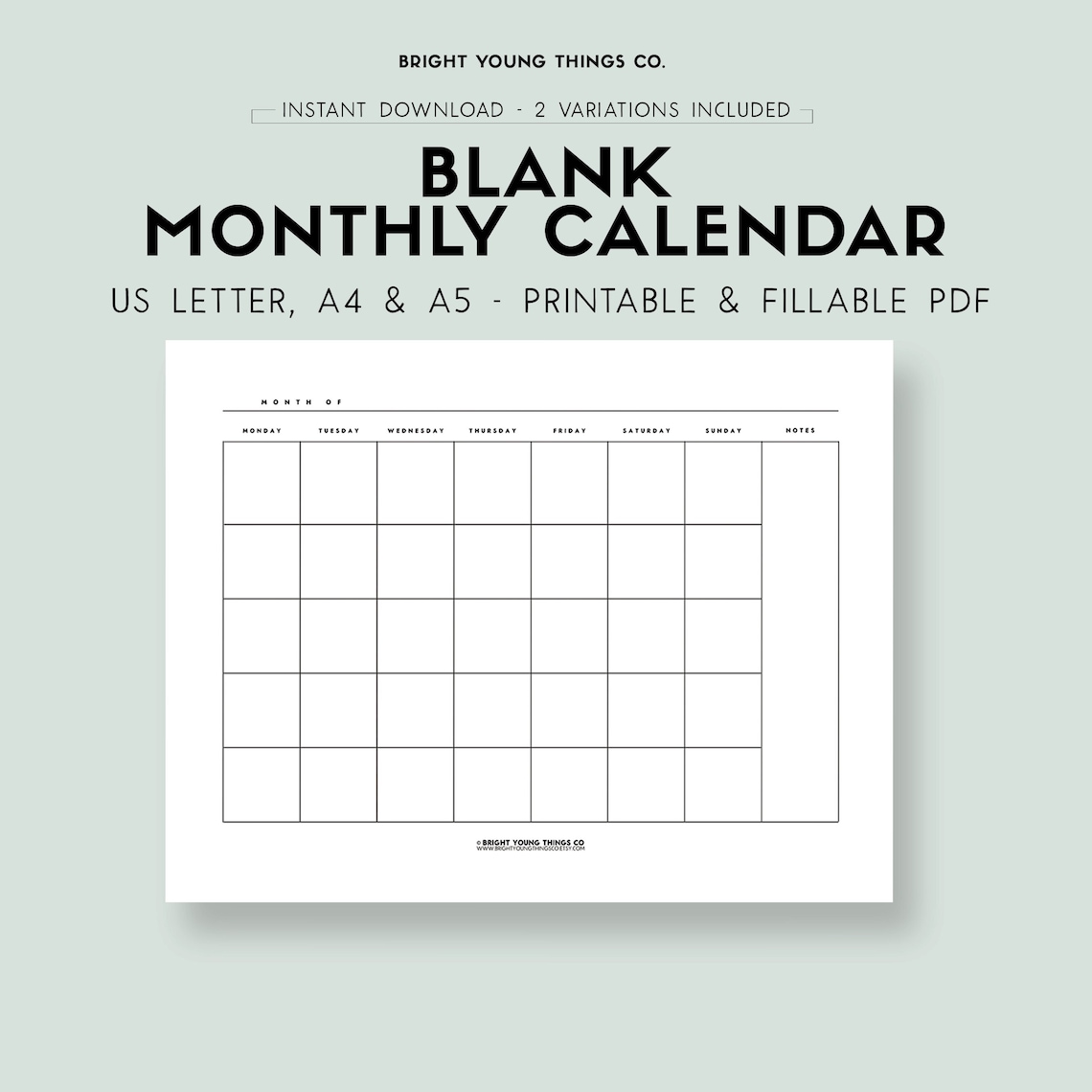 Blank Monthly Calendar, Blank Monthly Calendar Printable, Minimalist ...