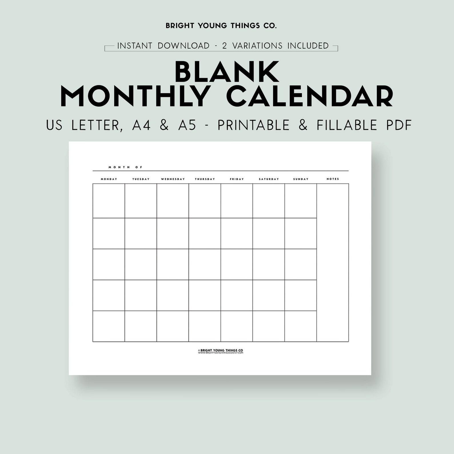 Blank Monthly Calendar, Blank Monthly Calendar Printable, Minimalist ...