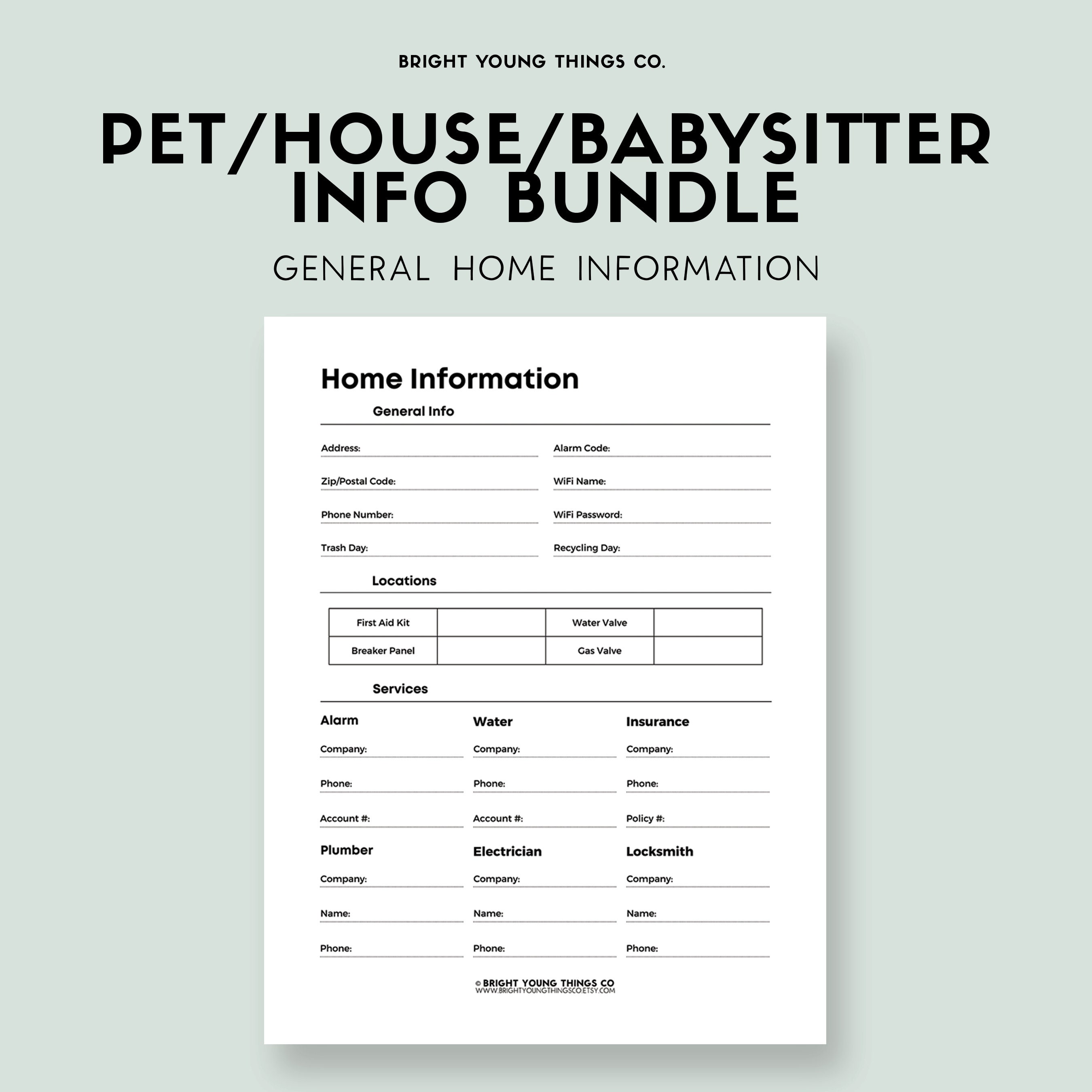 Babysitter Information Printable, House Sitter Instructions, Printable ...