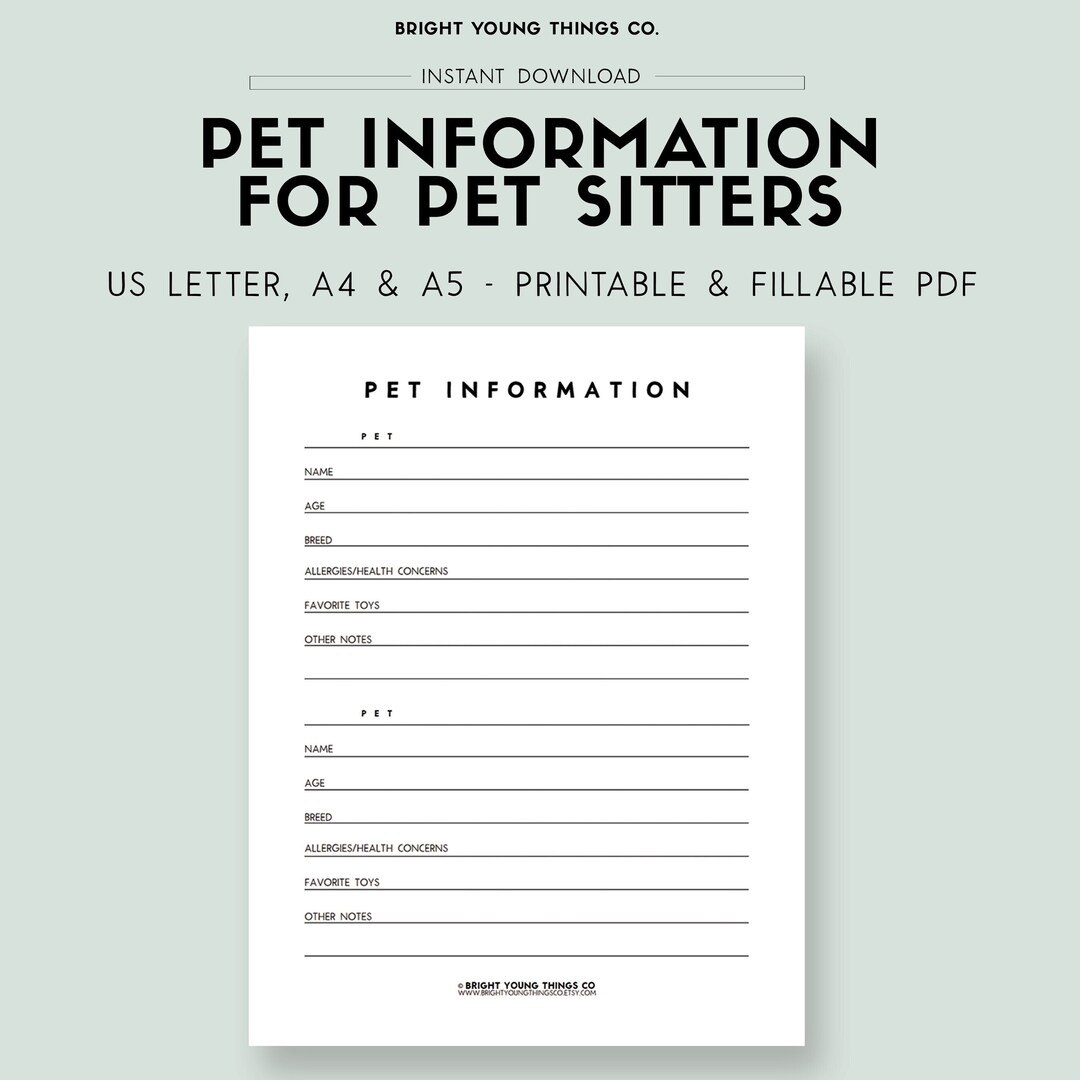 Pet Sitter Notes Printable PDF, Pet Sitter Template, Printable Pet ...