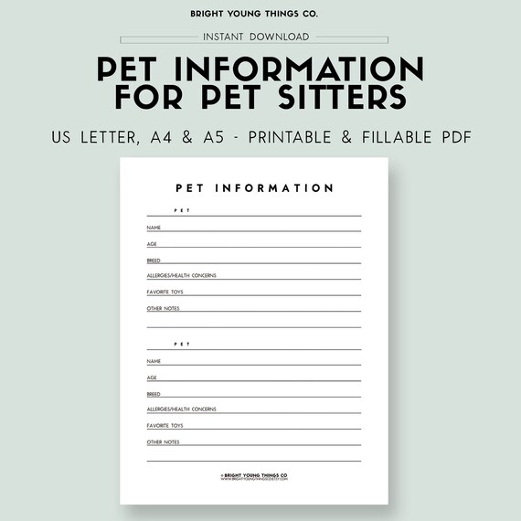 Pet Sitter Notes Printable PDF Pet Sitter Template Printable - Etsy