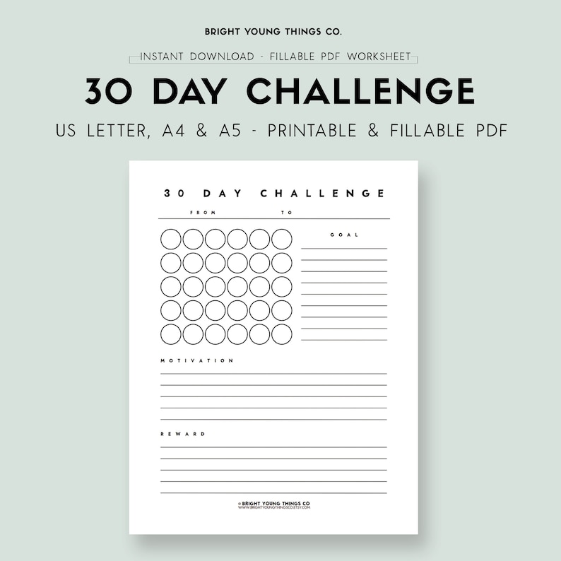 30 Day Challenge Printable PDF, 30 Day Challenge Fillable PDF Worksheet ...