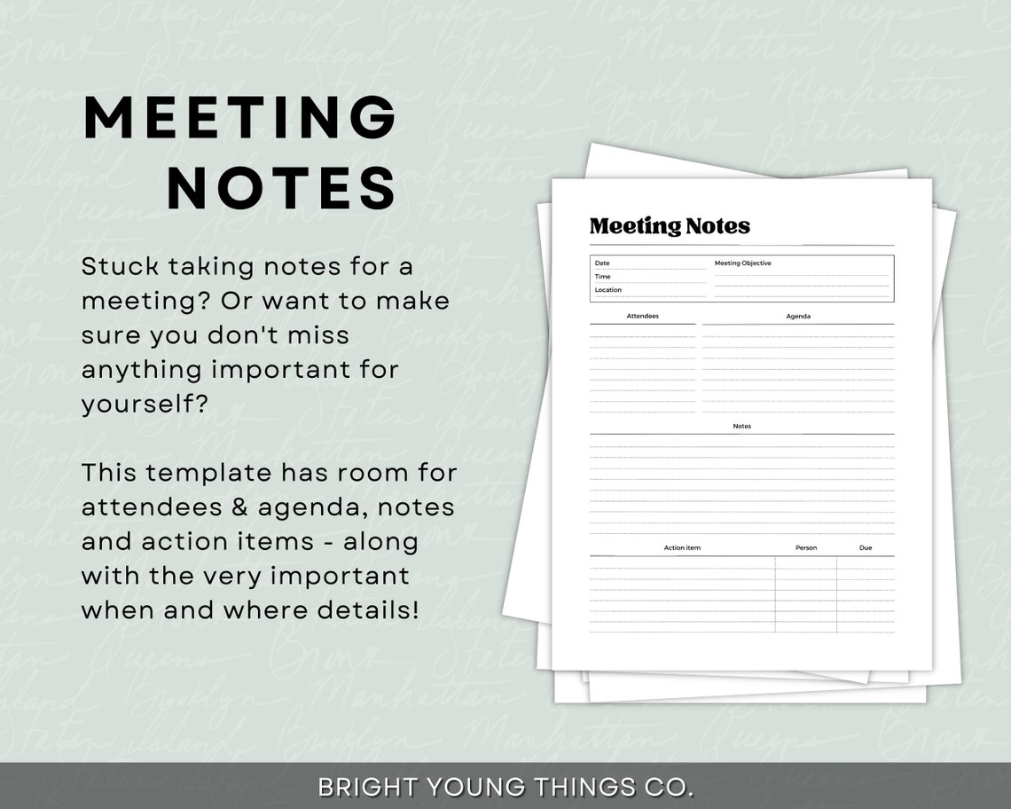 Meeting Notes Printable Template, Meeting Minutes, Office Meeting Notes ...