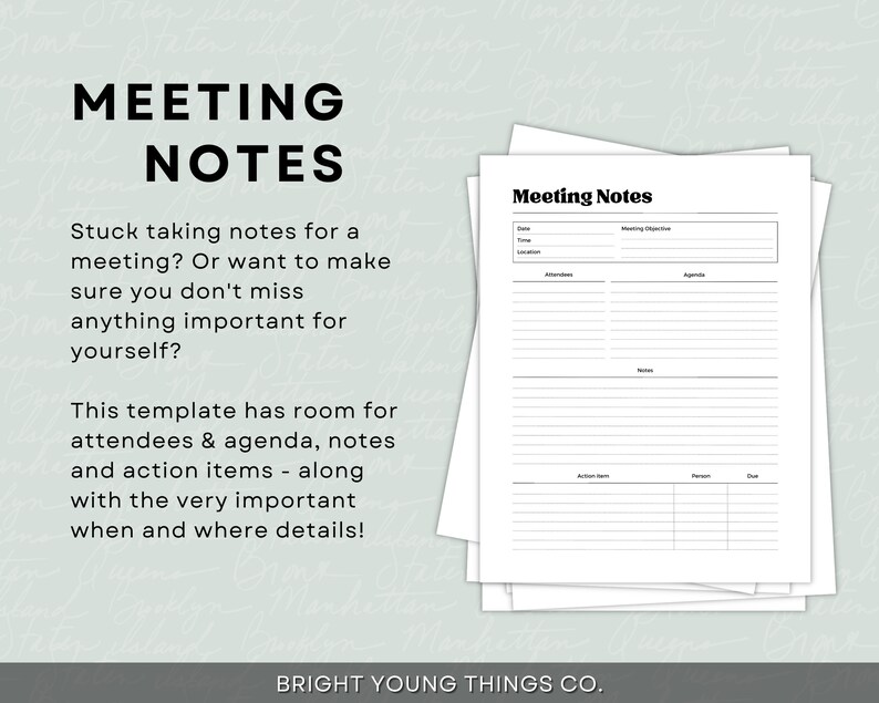 Meeting Notes Printable Template, Meeting Minutes, Office Meeting Notes ...
