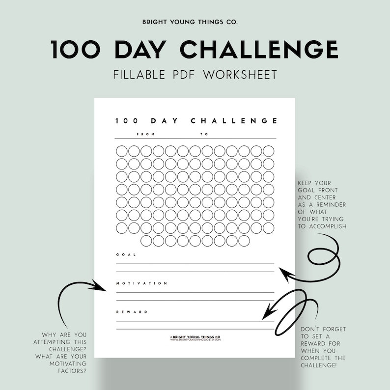 100 Day Challenge Printable PDF, 100 Day Challenge Fillable PDF ...