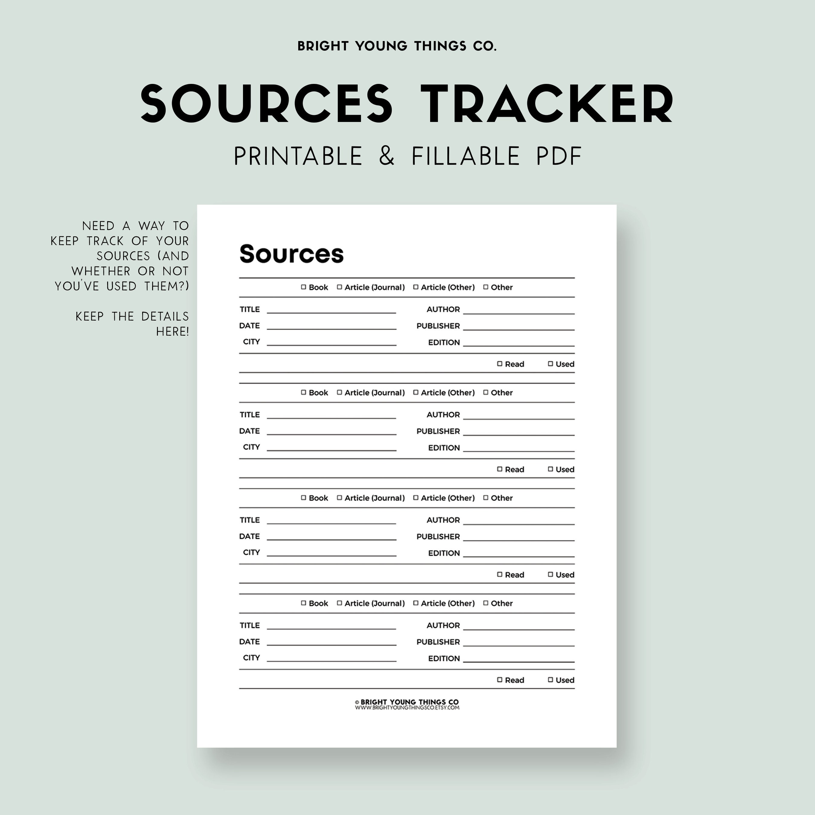 Printable Source Material Tracker for Students, Research Tracking for ...