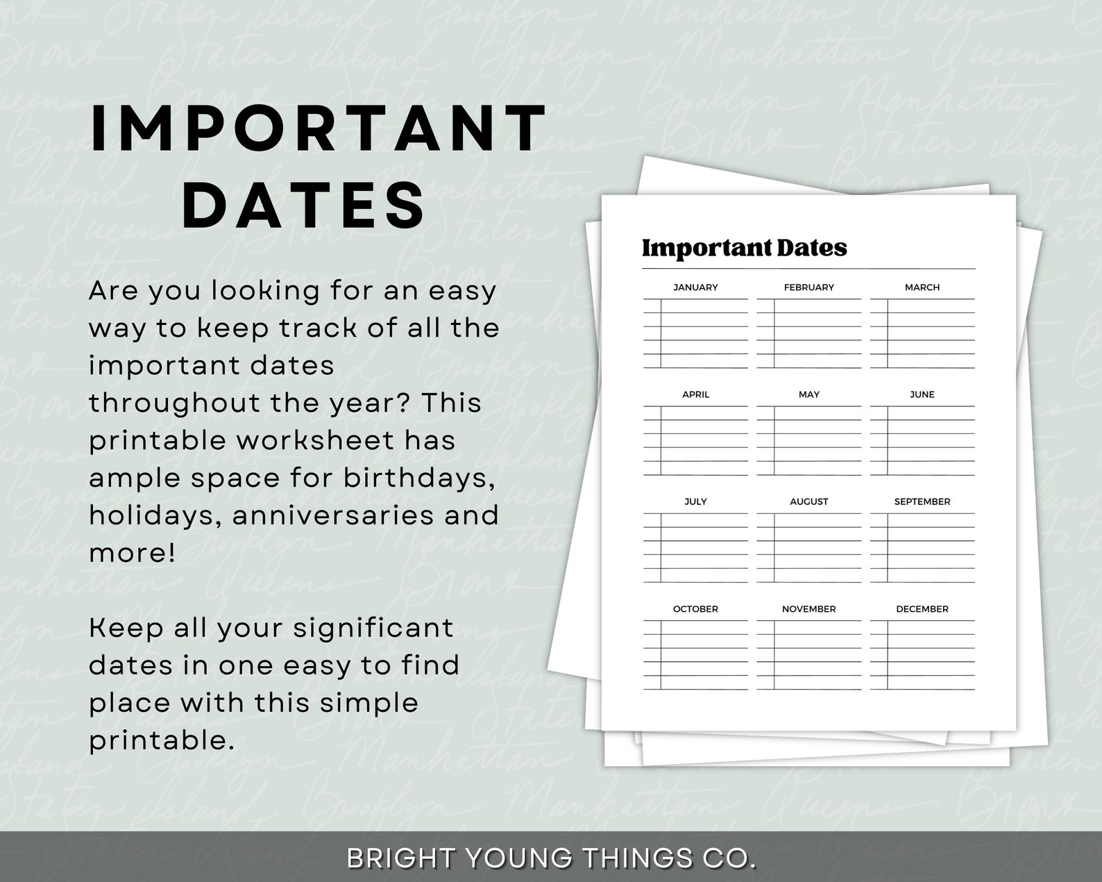 Yearly Important Dates Printable Template, Birthday Calendar ...