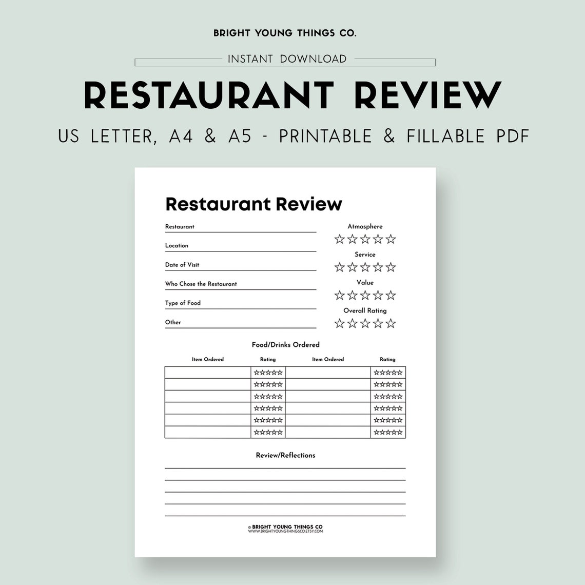 Restaurant Review Printable Worksheet, Printable Review Worksheet ...