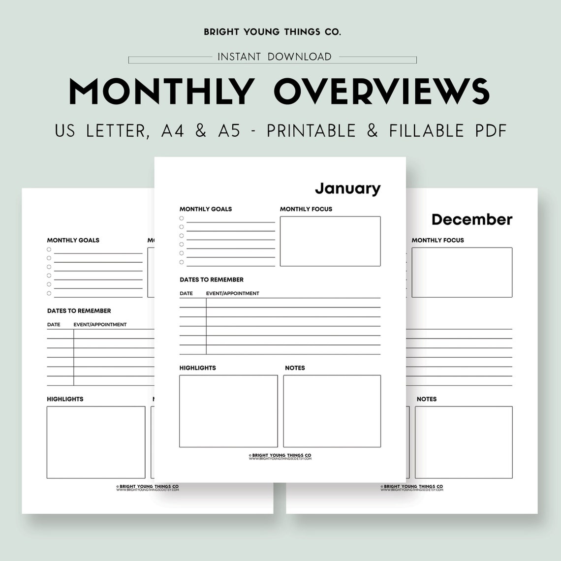 Monthly Overview, Printable Month Planner, Month at a Glance, Printable ...