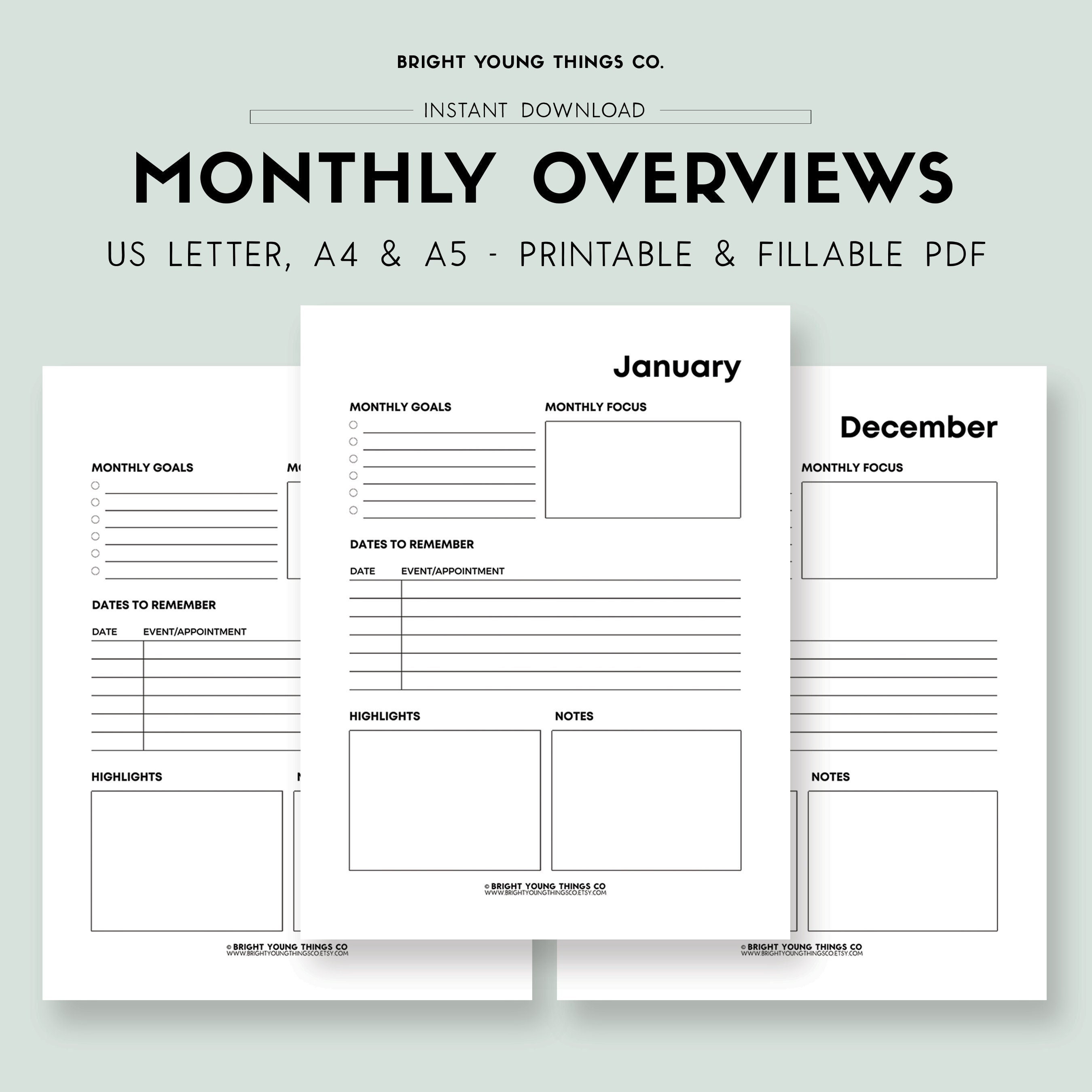 Monthly Overview, Printable Month Planner, Month at a Glance, Printable ...