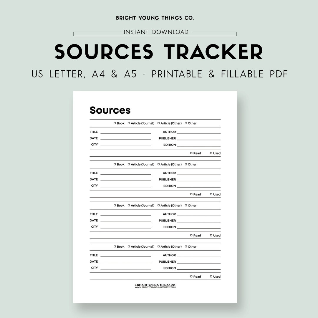 Printable Source Material Tracker for Students, Research Tracking for ...