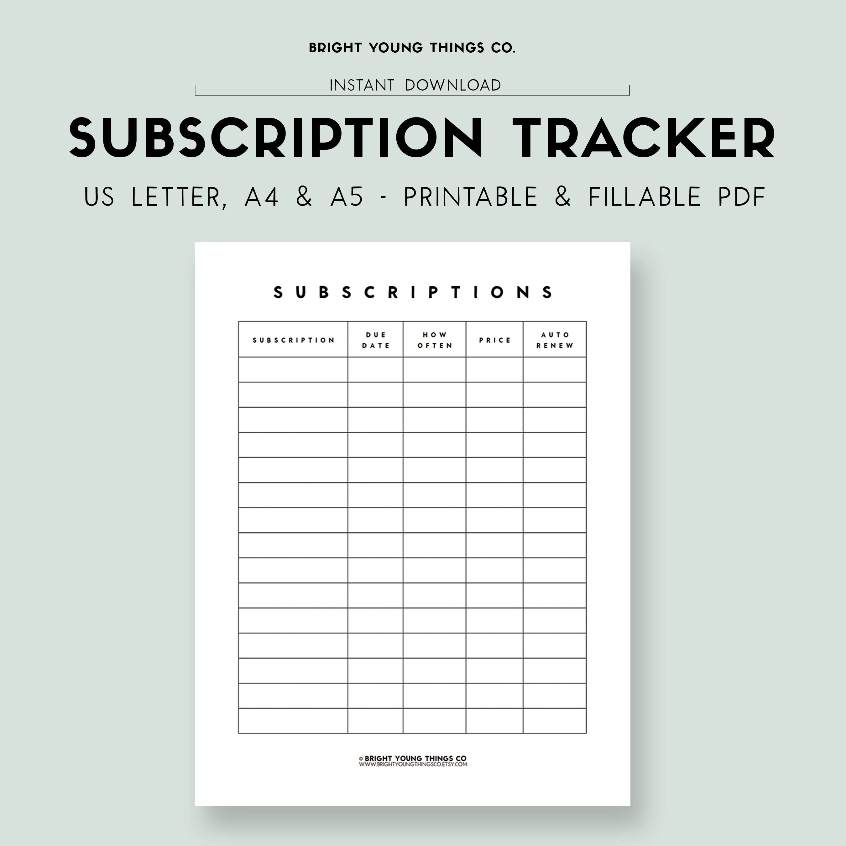Subscription Tracker, Printable Subscription Log, Subscription Log ...