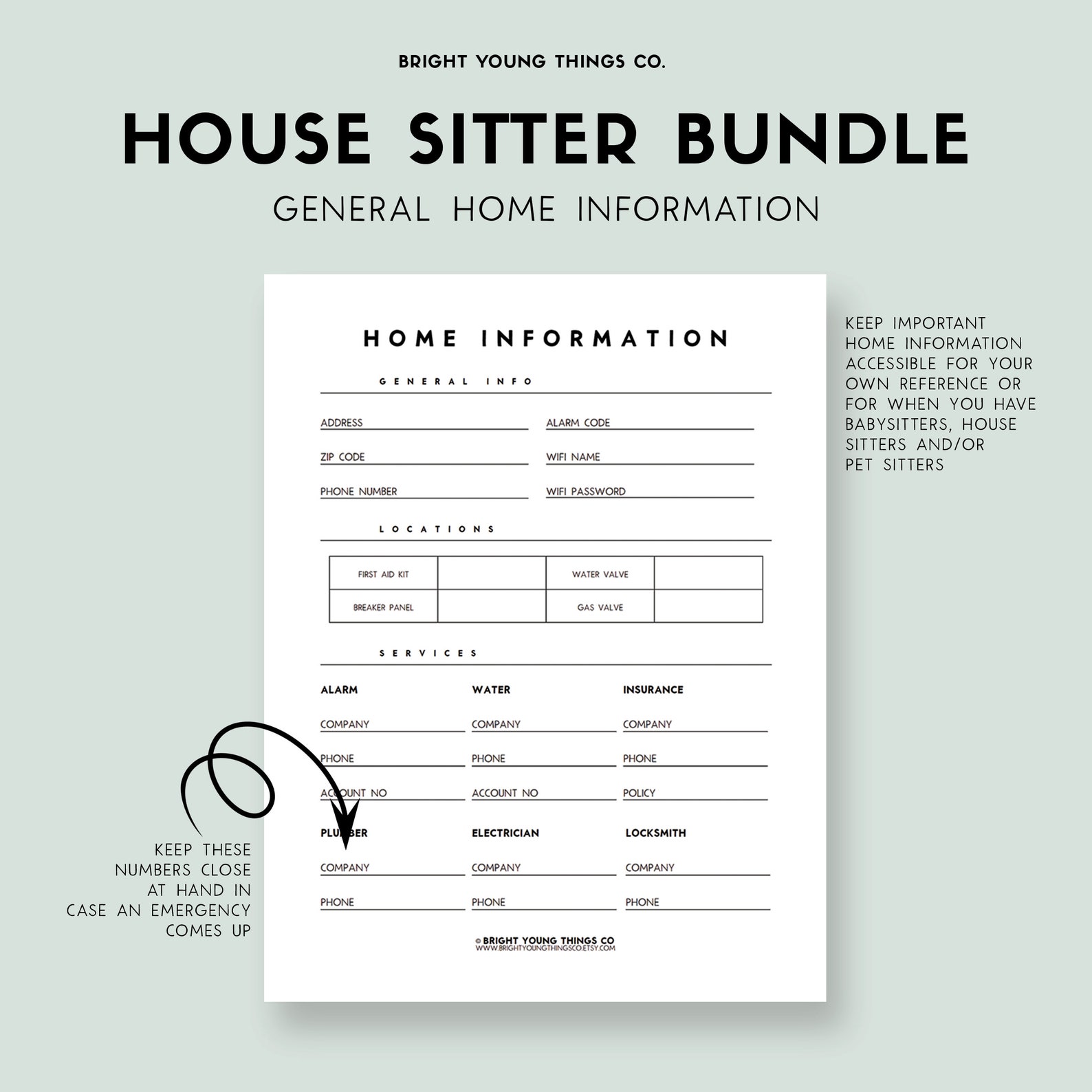 House Sitter Instructions, House Sitter Notes, Emergency Contact Form ...