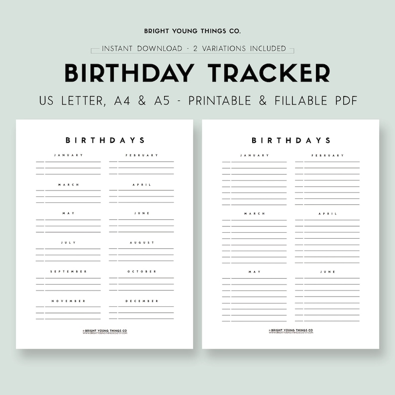 Birthday Tracker PDF Printable, Digital Birthday Tracker, Fillable PDF ...