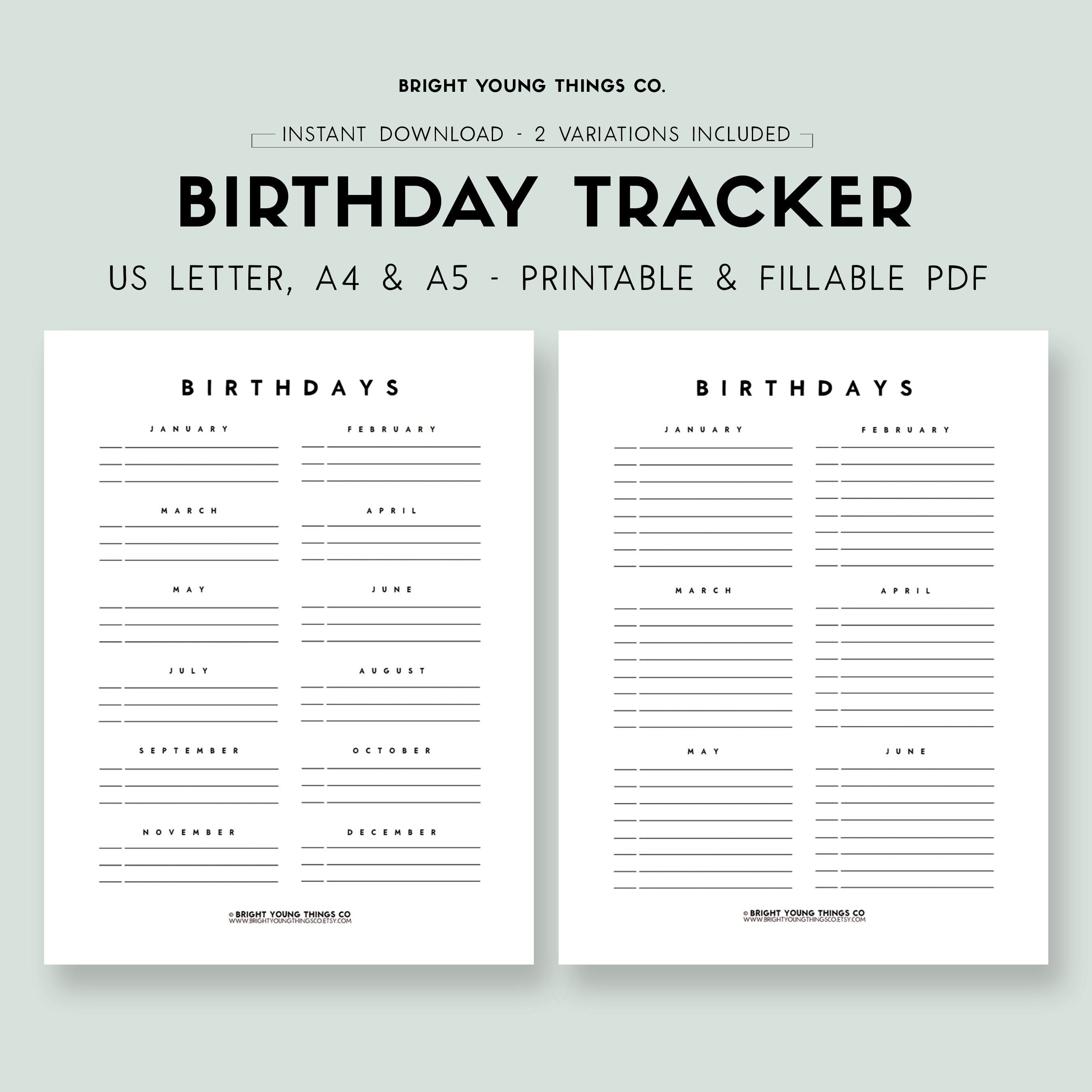 Birthday Tracker PDF Printable, Digital Birthday Tracker, Fillable PDF ...