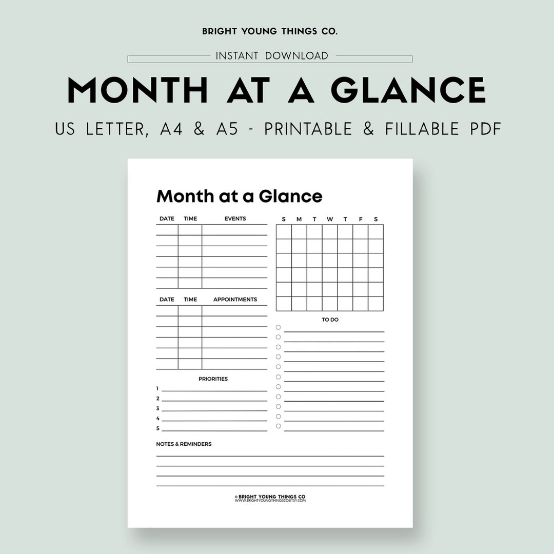 Month at a Glance, Printable Month Planner, Printable Monthly Calendar ...
