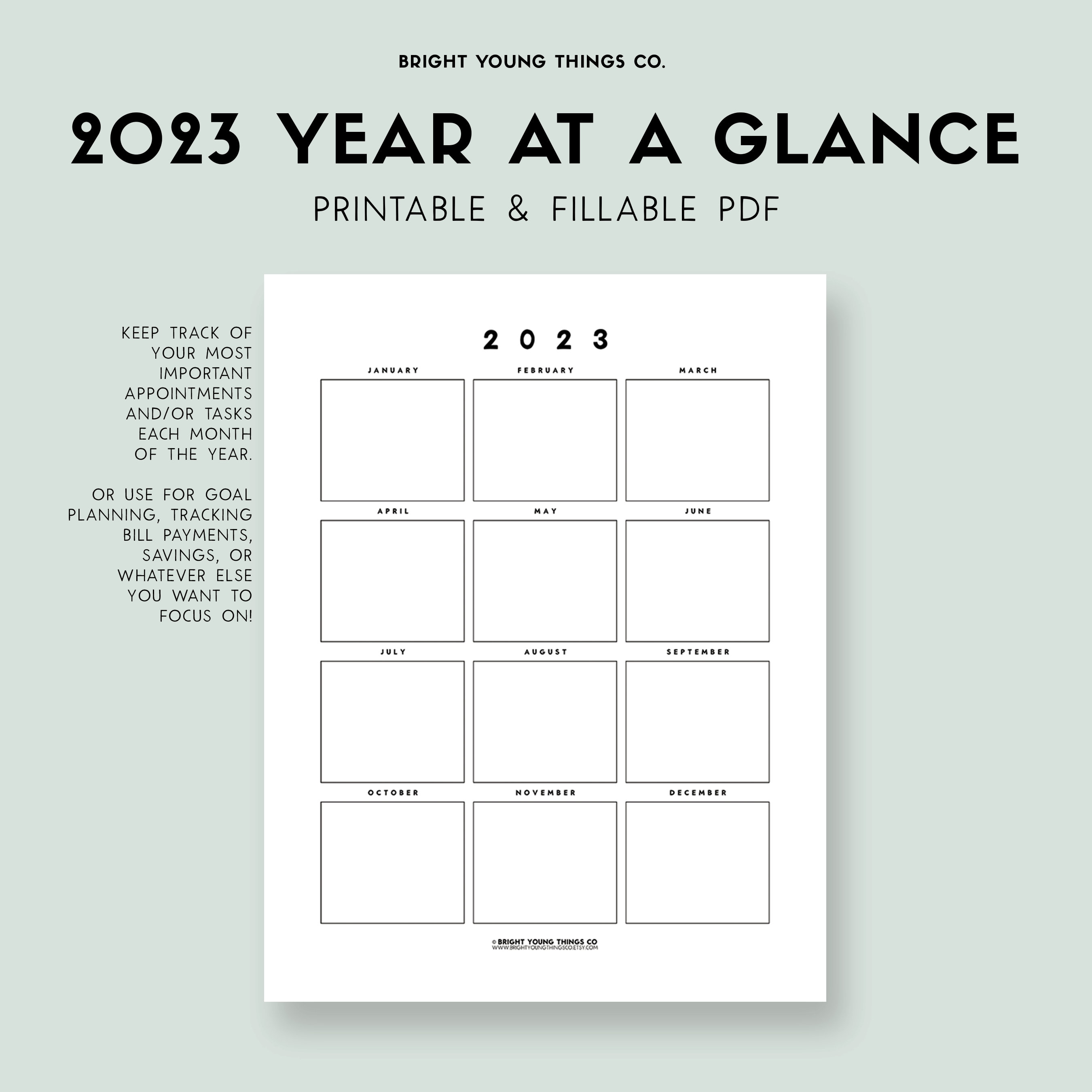 2023 Year at a Glance Printable, 2023 Calendar Printable, Printable ...