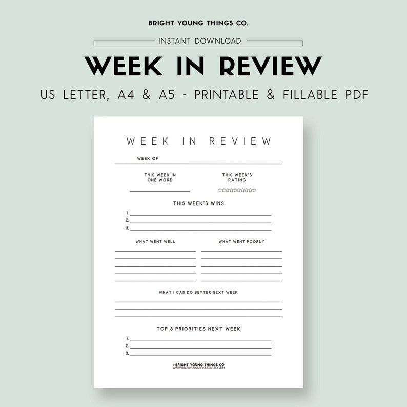 Week in Review, Weekly Reflection Journal Printable, Self Reflection ...