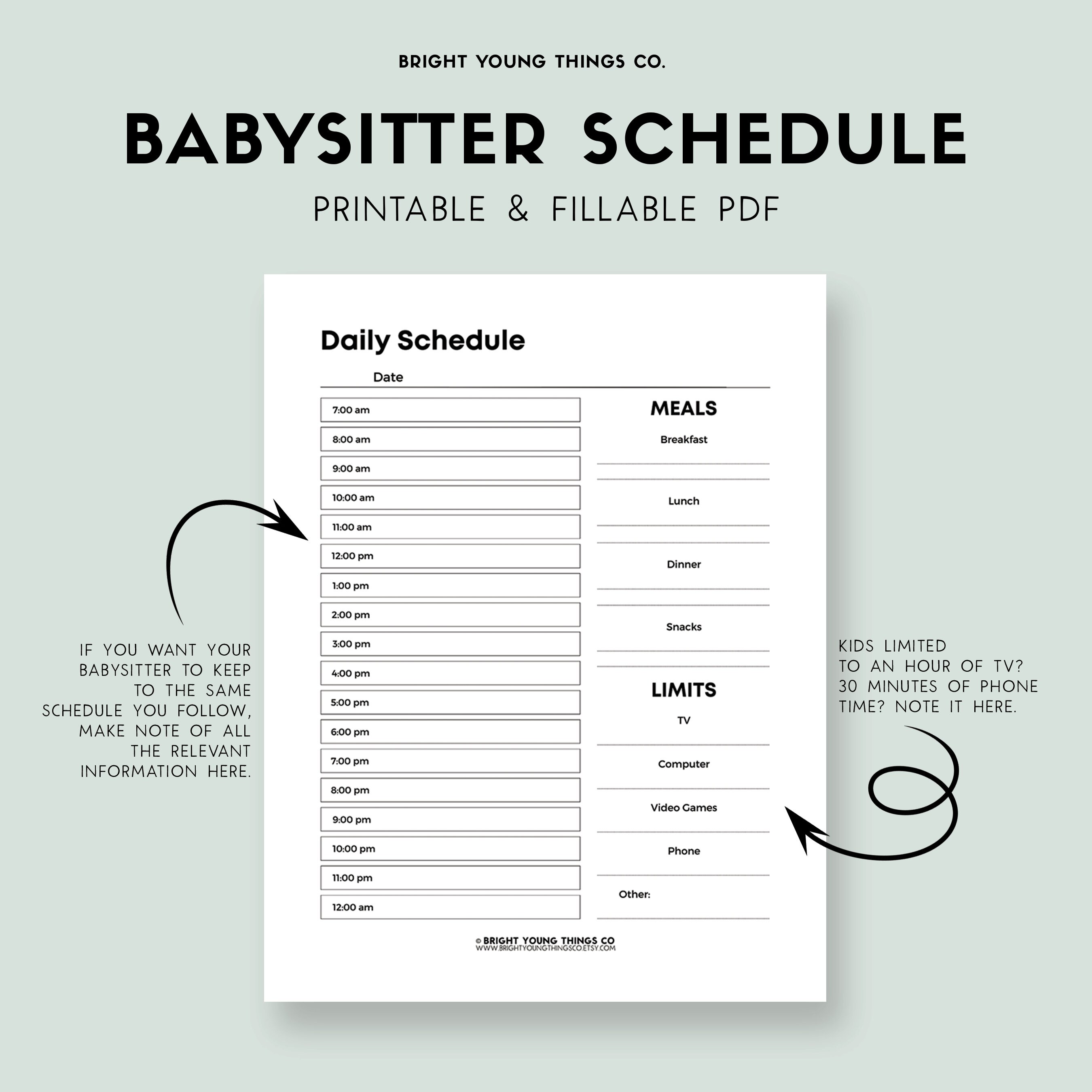 Babysitter Planner PDF, Babysitter Printable, Childcare Diary ...