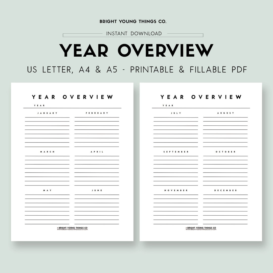 Yearly Overview, Year at a Glance, Two Page Yearly Planner, 12 Month ...