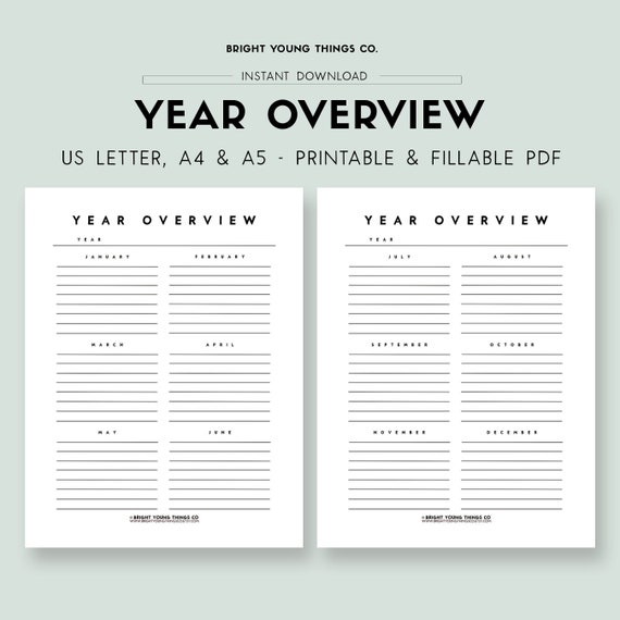 Yearly Overview Year at a Glance Two Page Yearly Planner 12 | Etsy