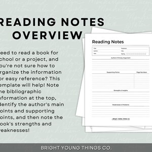 Reading Notes Worksheet, Book Notes Printable, Reading Log Printable ...